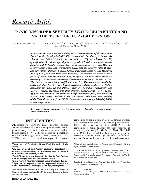 (PDF) Panic Disorder Severity Scale: Reliability and validity of the ...