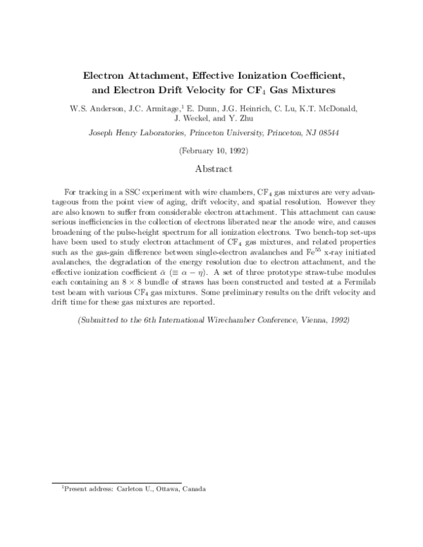 (PDF) Electron attachment, effective ionization coefficient, and electron drift velocity for CF4 ...