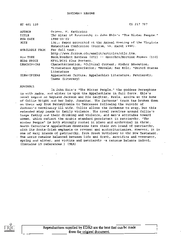 (PDF) The Altar of Patriarchy in John Ehle's "The Winter People