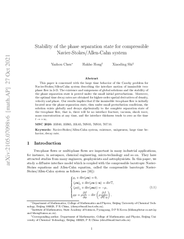 (PDF) Stability of the Phase Separation State for Compressible Navier-Stokes/Allen-Cahn System