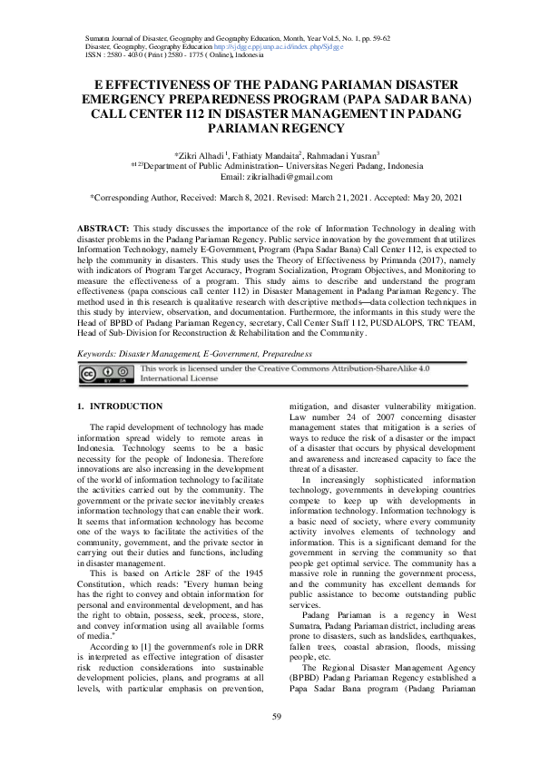 (PDF) Effectiveness of The Padang Pariaman Disaster Emergency Preparedness Program (Papa Sadar ...