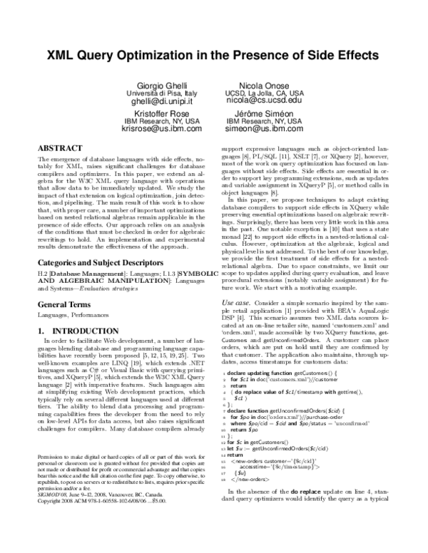 (PDF) XML query optimization in the presence of side effects