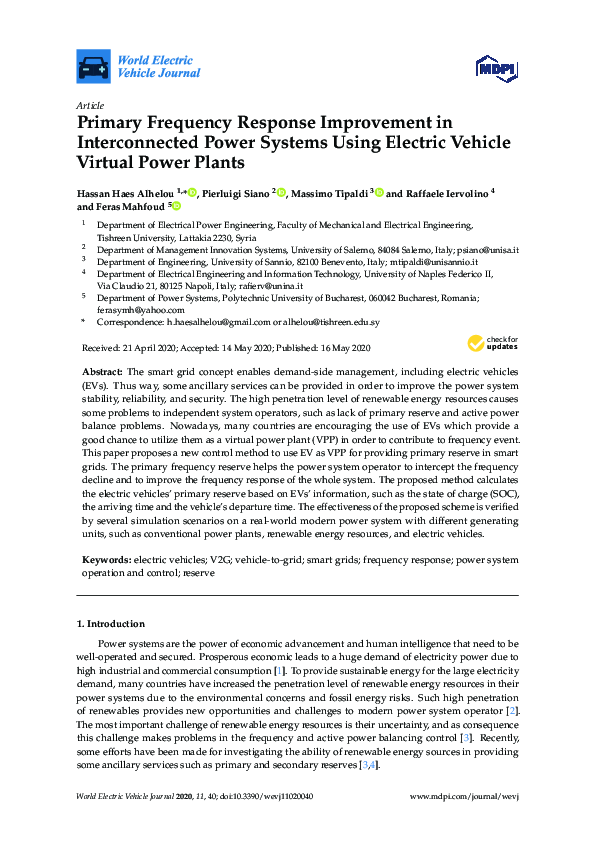 (PDF) Primary Frequency Response Improvement in Interconnected Power Systems Using Electric ...