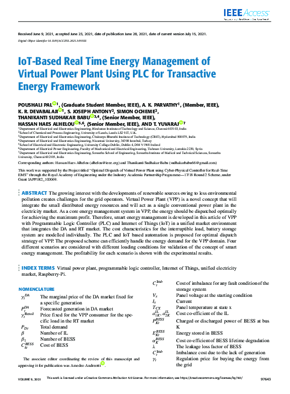 Pdf Iot Based Real Time Energy Management Of Virtual Power Plant Using Plc For Transactive