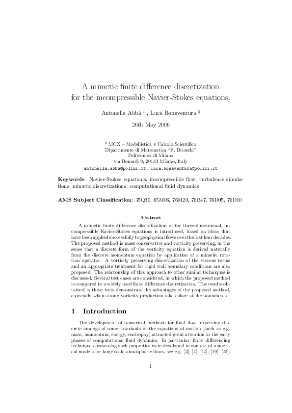 (PDF) A mimetic finite difference discretization for the incompressible Navier–Stokes equations ...