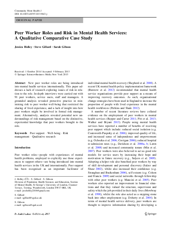 (PDF) Peer Worker Roles and Risk in Mental Health Services: A ...