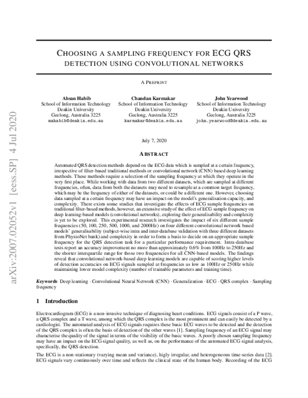 (PDF) Choosing a sampling frequency for ECG QRS detection using convolutional networks