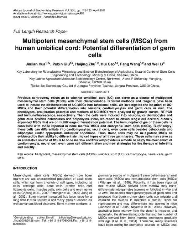 (PDF) Multipotent mesenchymal stem cells (MSCs) from human umbilical cord: Potential ...