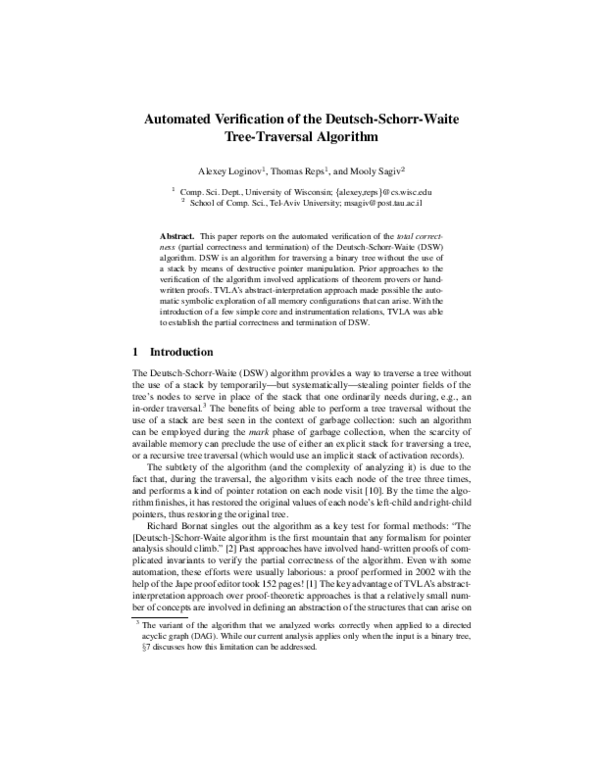 (PDF) Automated Verification of the Deutsch-Schorr-Waite Tree-Traversal Algorithm