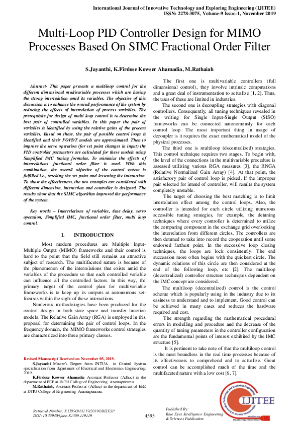 Pdf Multi Loop Pid Controller Design For Mimo Processes Based On Simc Fractional Order Filter