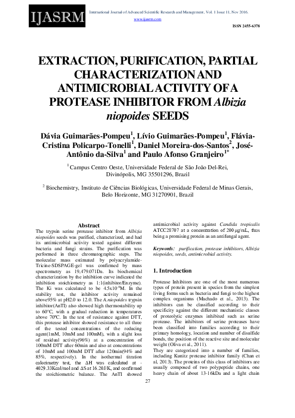 Pdf Extraction Purification Partial Characterization And Antimicrobial Activity Of A