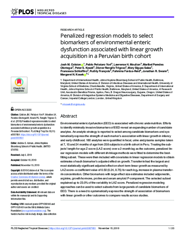 (PDF) Penalized regression models to select biomarkers of environmental enteric dysfunction ...