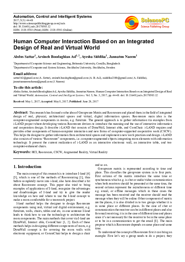 Pdf Human Computer Interaction Based On An Integrated Design Of Real And Virtual World 1929