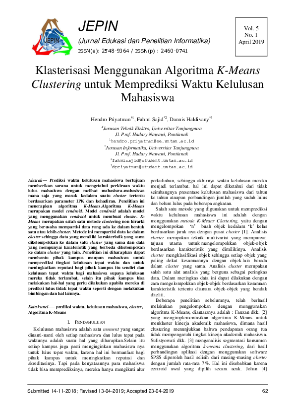 (PDF) Klasterisasi Menggunakan Algoritma K-Means Clustering untuk Memprediksi Waktu Kelulusan ...