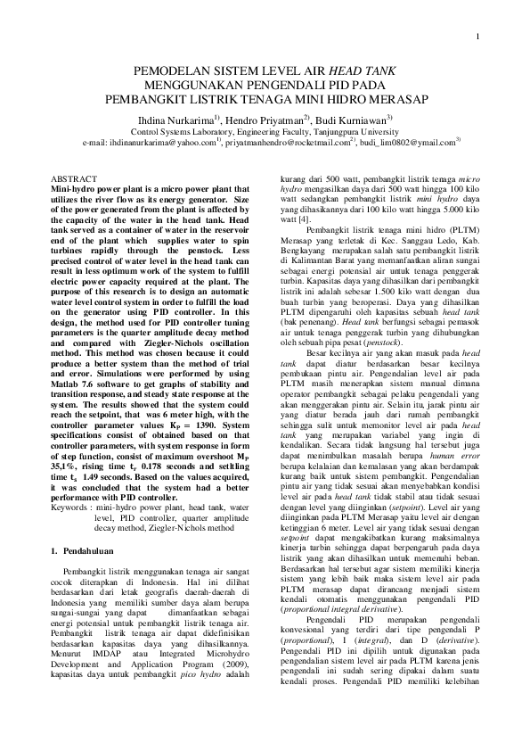 Pdf Pemodelan Sistem Level Air Head Tank Menggunakan Pengendali Pid
