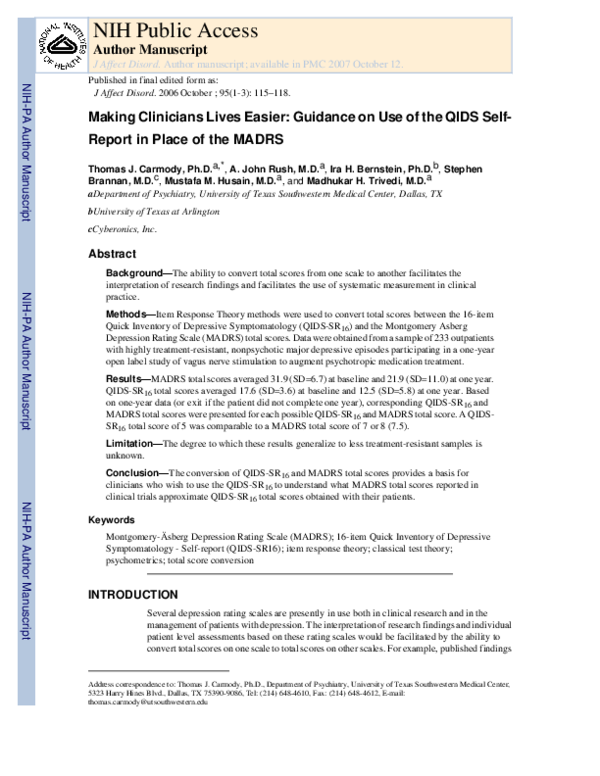 (PDF) Making clinicians lives easier: Guidance on use of the QIDS self ...