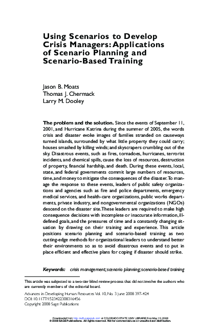 (PDF) Using Scenarios to Develop Crisis Managers: Applications of ...