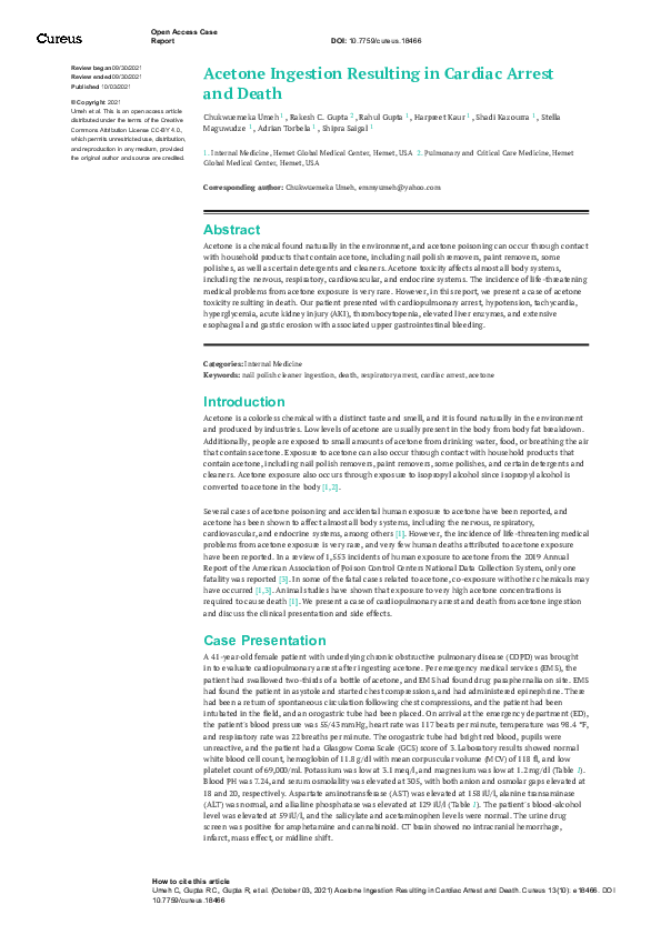 (PDF) Acetone Ingestion Resulting in Cardiac Arrest and Death