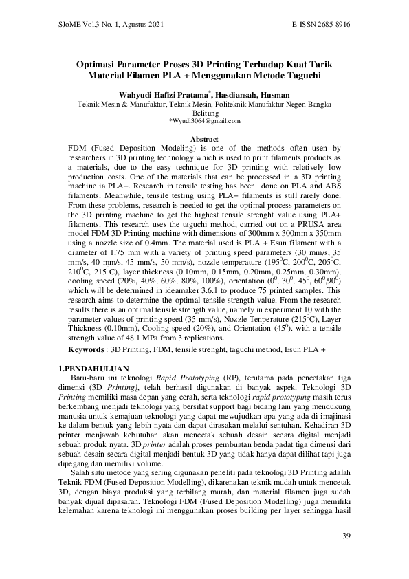 (PDF) Optimasi Parameter Proses 3D Printing Terhadap Kuat Tarik Material Filamen PLA ...
