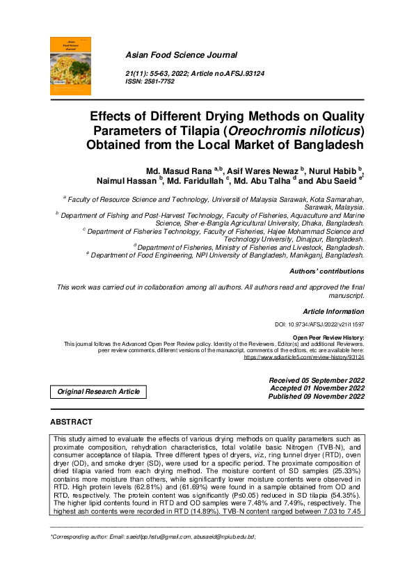 (PDF) Effects of Different Drying Methods on Quality Parameters of Tilapia (Oreochromis ...