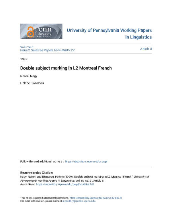 (PDF) Double subject marking in L2 Montreal French | Naomi Nagy ...