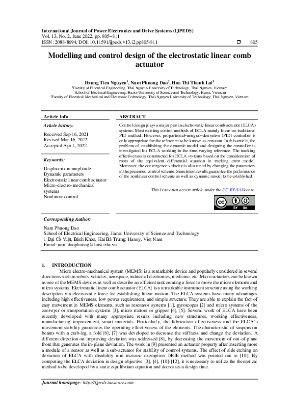 Pdf Modelling And Control Design Of The Electrostatic Linear Comb Actuator Phuong Dao And