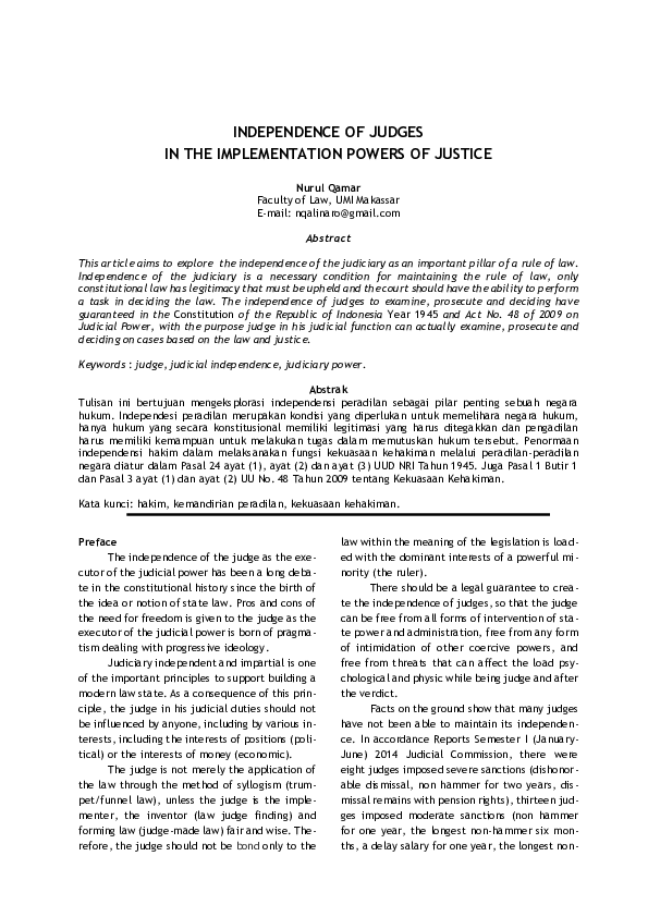 (PDF) Independence of Judges in the Implementation Powers of Justice