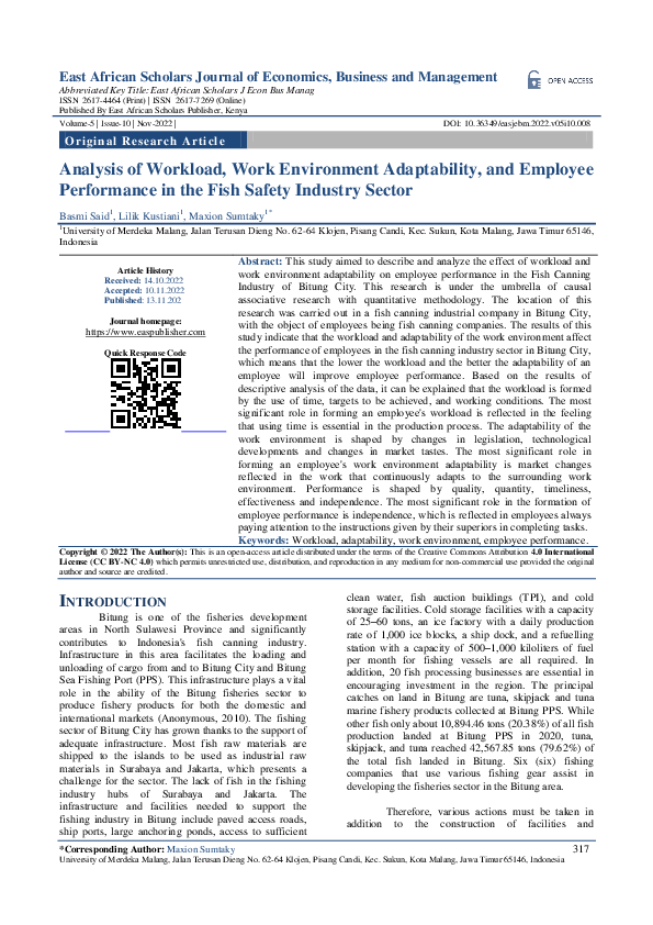 (PDF) Analysis of Workload, Work Environment Adaptability, and Employee Performance in the Fish ...