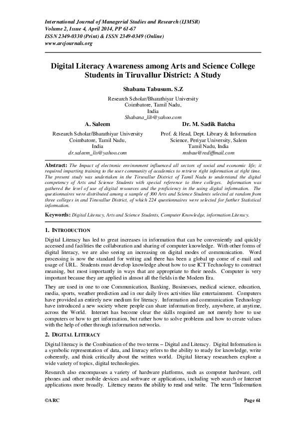 (PDF) Digital Literacy Awareness among Arts and Science CollegeStudents ...