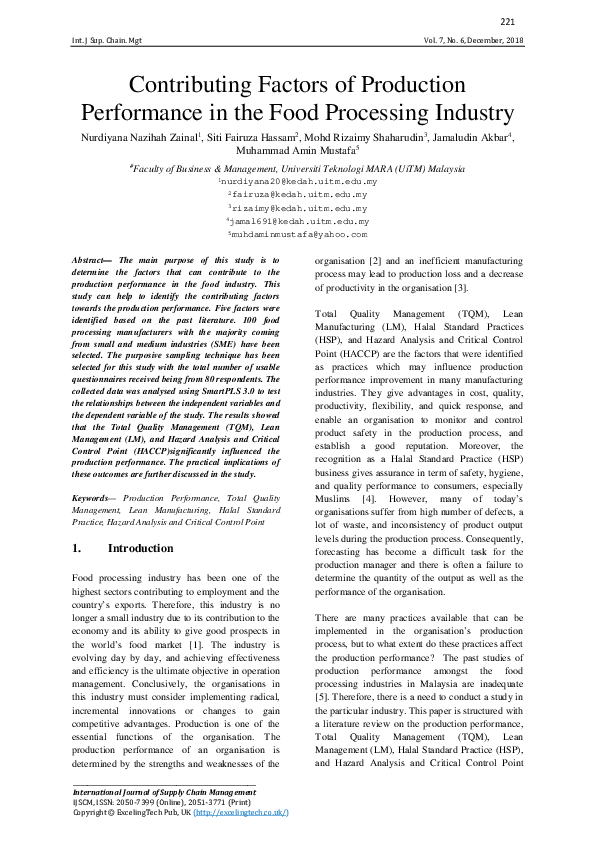 (PDF) Contributing Factors of Production Performance in the Food ...