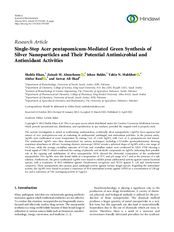 (PDF) Single-Step Acer pentapomicum-Mediated Green Synthesis of Silver Nanoparticles and Their ...