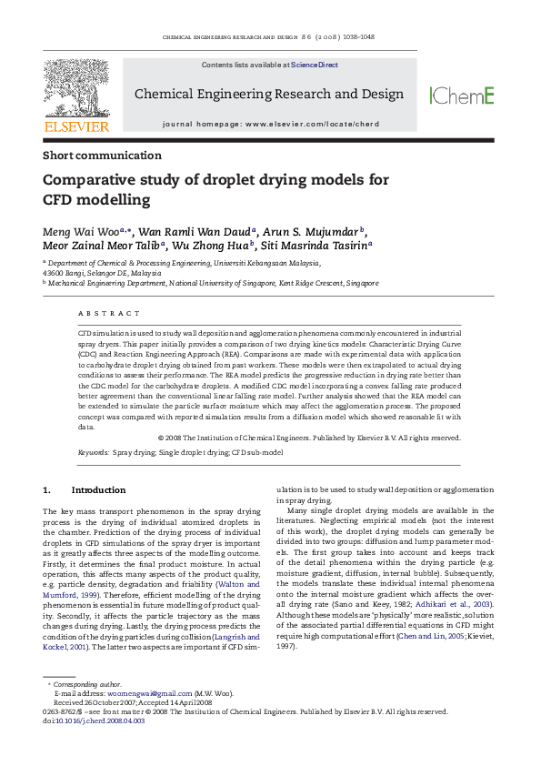 (PDF) Comparative study of droplet drying models for CFD modelling