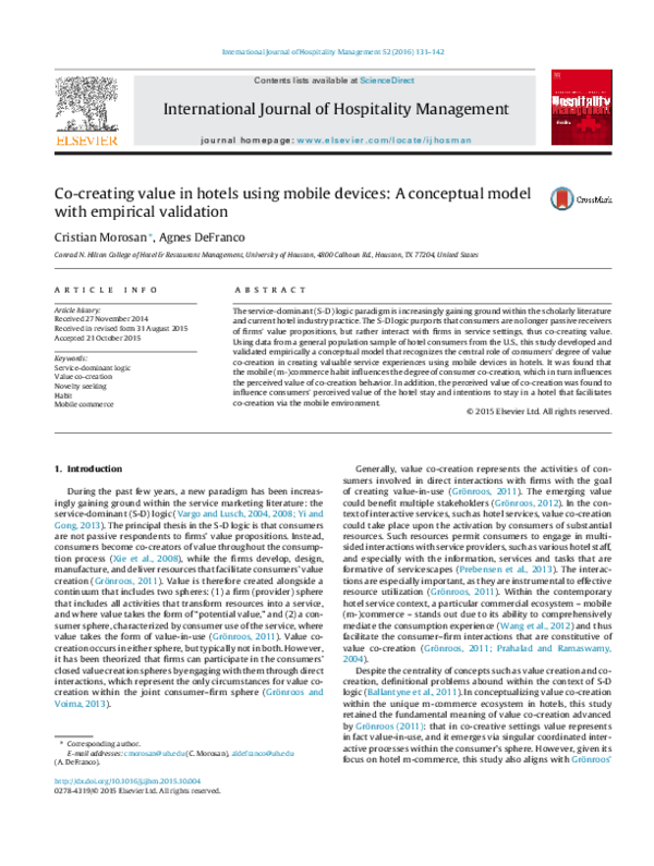 (PDF) Co-creating value in hotels using mobile devices: A conceptual model with empirical validation