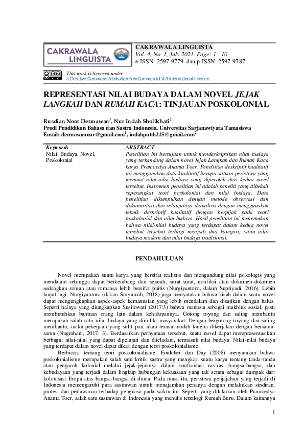 (PDF) Representasi Nilai Budaya Dalam Novel Jejak Langkah Dan Rumah Kaca: Tinjauan Poskolonial