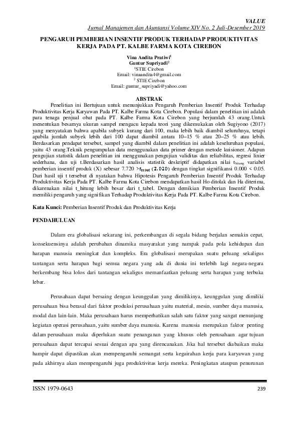(PDF) Pengaruh Pemberian Insentif Produk Terhadap Produktivitas Kerja ...