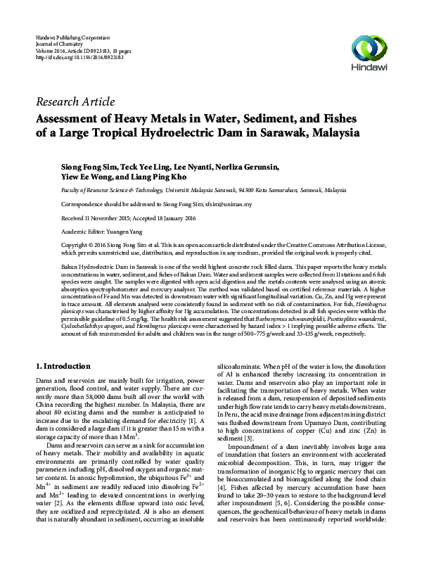 (PDF) Assessment of Heavy Metals in Water, Sediment, and Fishes of a ...