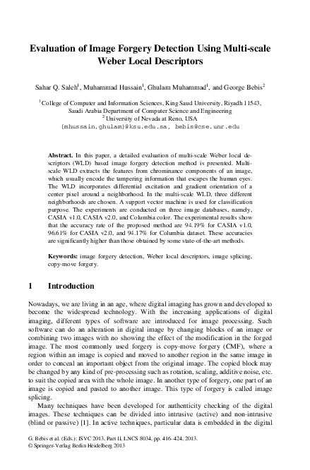 (PDF) Evaluation of Image Forgery Detection Using Multi-scale Weber Local Descriptors