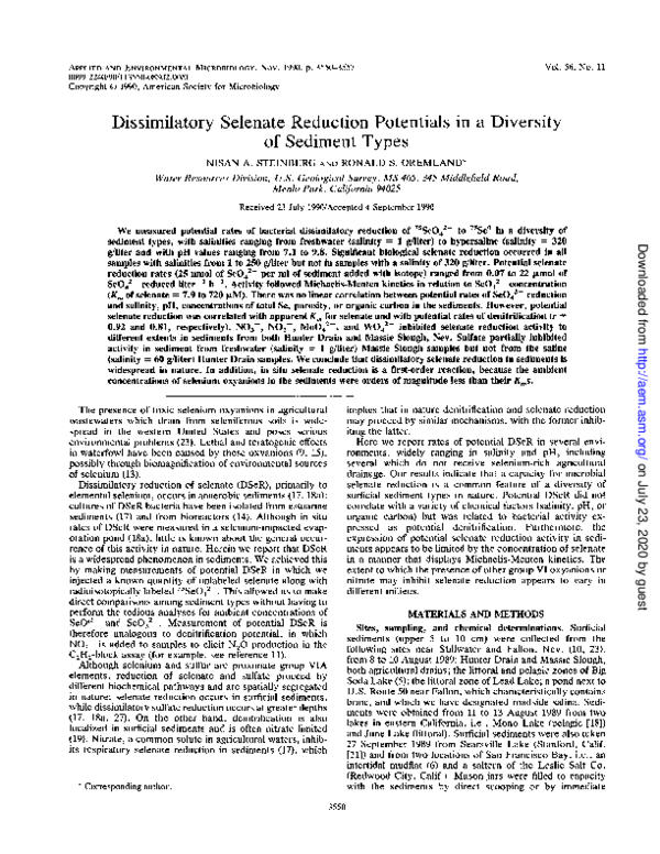 (PDF) Selenate Reduction in Diverse Sediments