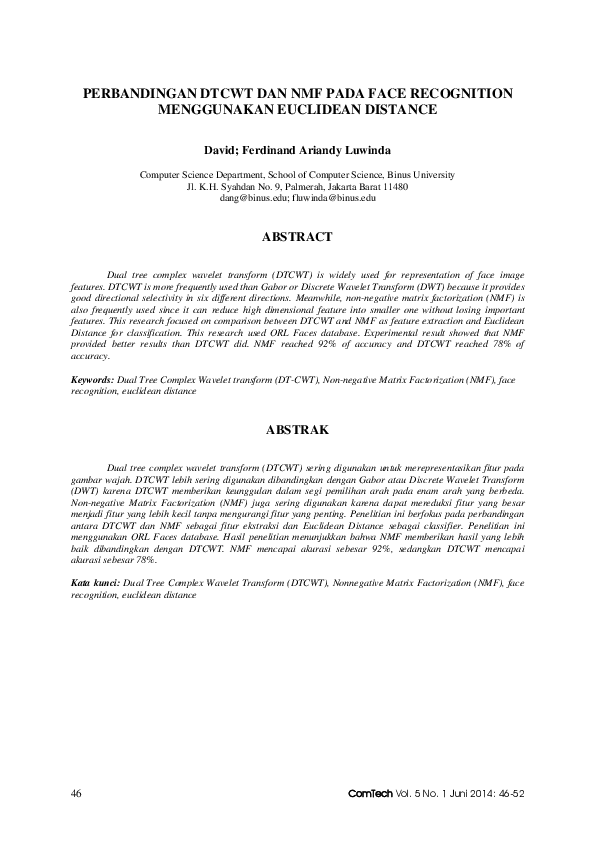 (PDF) Perbandingan DTCWT dan NMF pada Face Recognition menggunakan Euclidean Distance