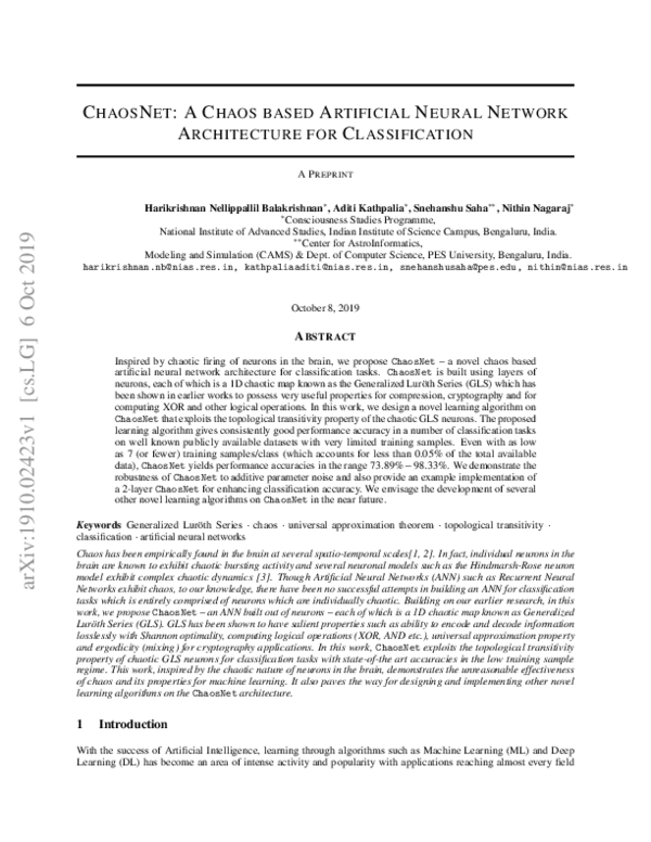Pdf Chaosnet A Chaos Based Artificial Neural Network Architecture For Classification