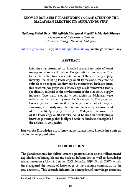 (PDF) Knowledge Audit Framework : A Case Study of the Malaysian Electricity Supply Industry ...