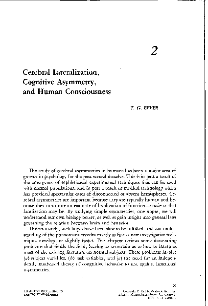 (PDF) Cerebral Lateralization, Cognitive Asymmetry, and Human Consciousness