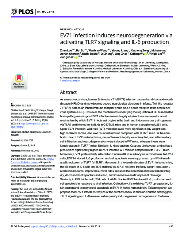 (PDF) EV71 infection induces neurodegeneration via activating TLR7 signaling and IL-6 production