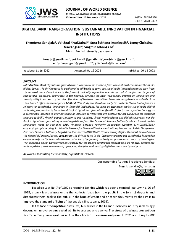 (PDF) Digital Bank Transformation: Sustainable Innovation in Financial Institutions