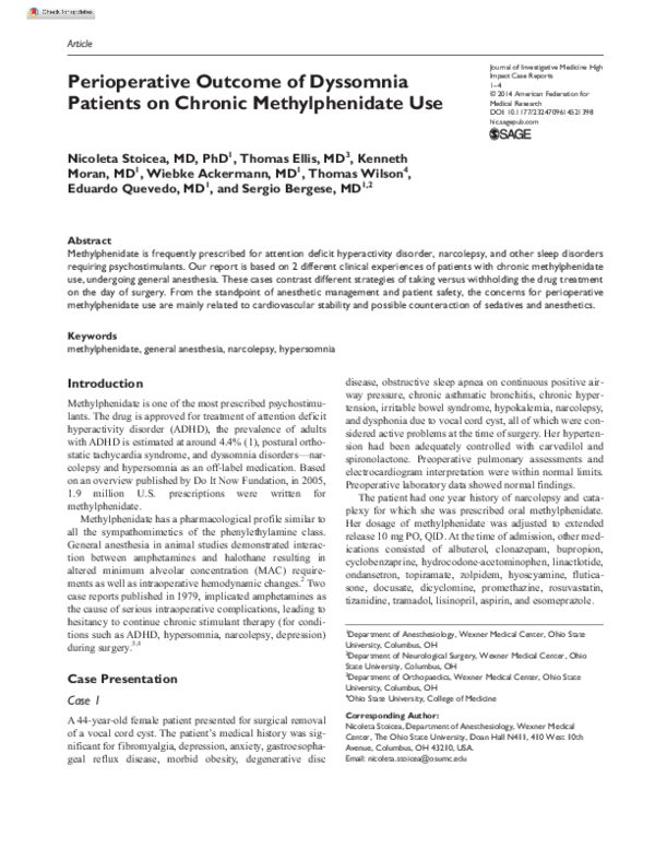 (PDF) Perioperative Outcome of Dyssomnia Patients on Chronic Methylphenidate Use