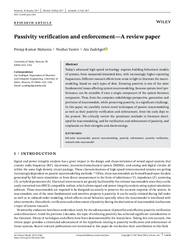 Pdf Passivity Verification And Enforcement A Review Paper 