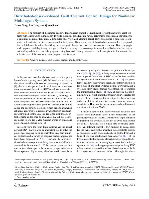 (PDF) Distributed-observer-based Fault Tolerant Control Design for Nonlinear Multi-agent Systems ...