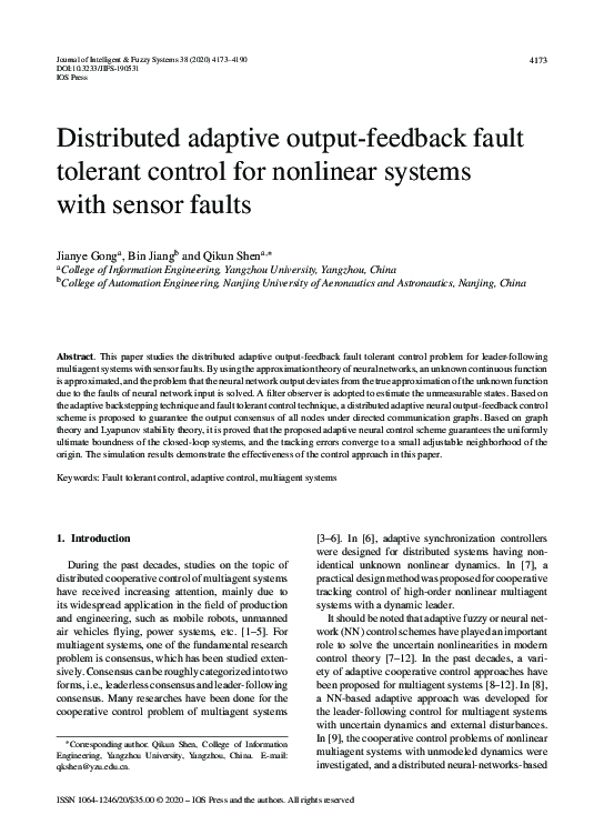 Pdf Distributed Adaptive Output Feedback Fault Tolerant Control For