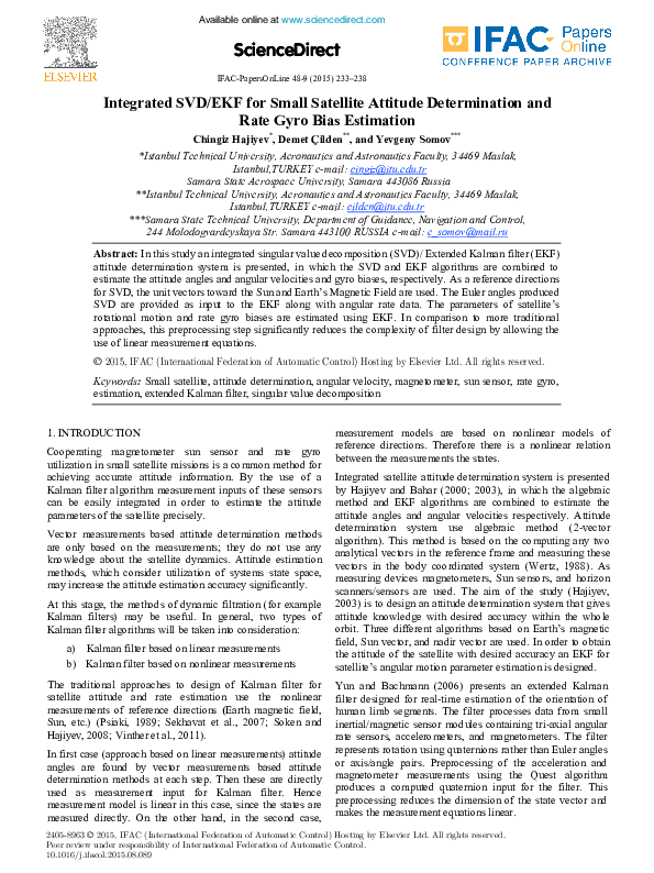 Pdf Integrated Svd Ekf For Small Satellite Attitude Determination And