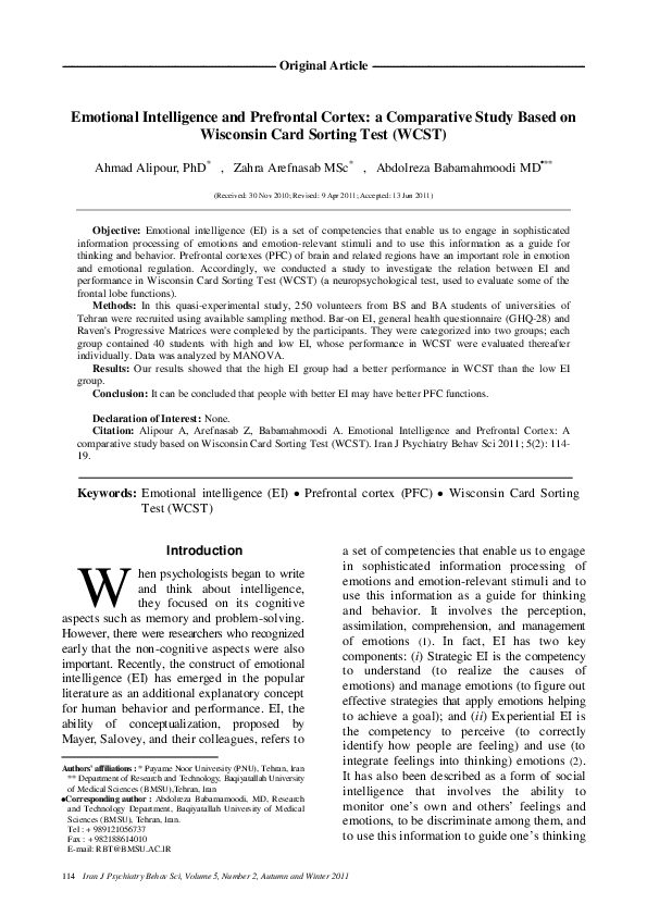 (PDF) Emotional Intelligence and Prefrontal Cortex: a Comparative Study ...
